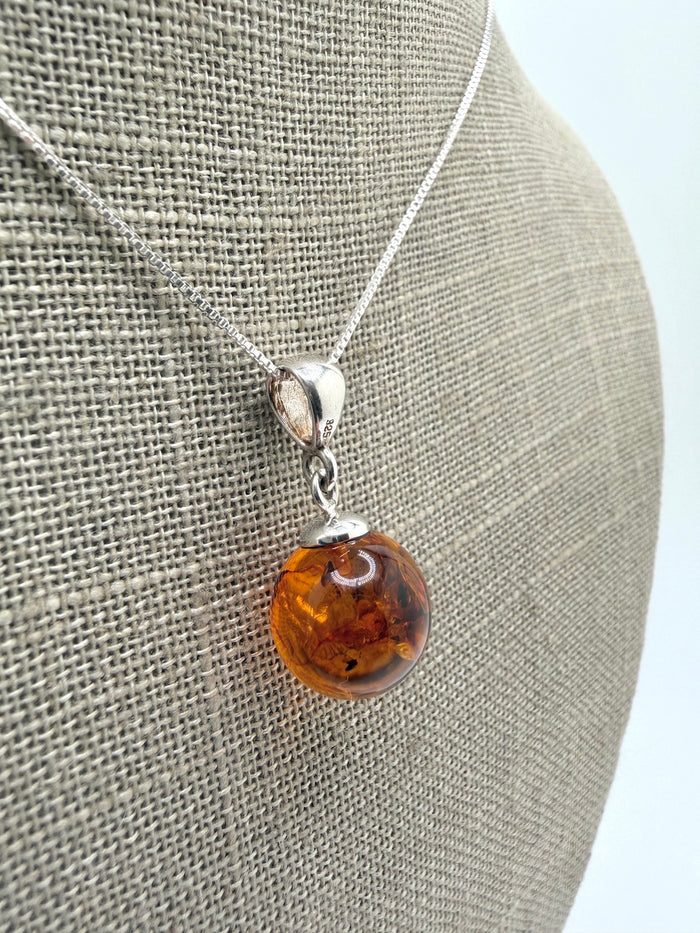 Genuine Baltic Amber Ball Pendant – Sterling Silver Honey Amber Sphere